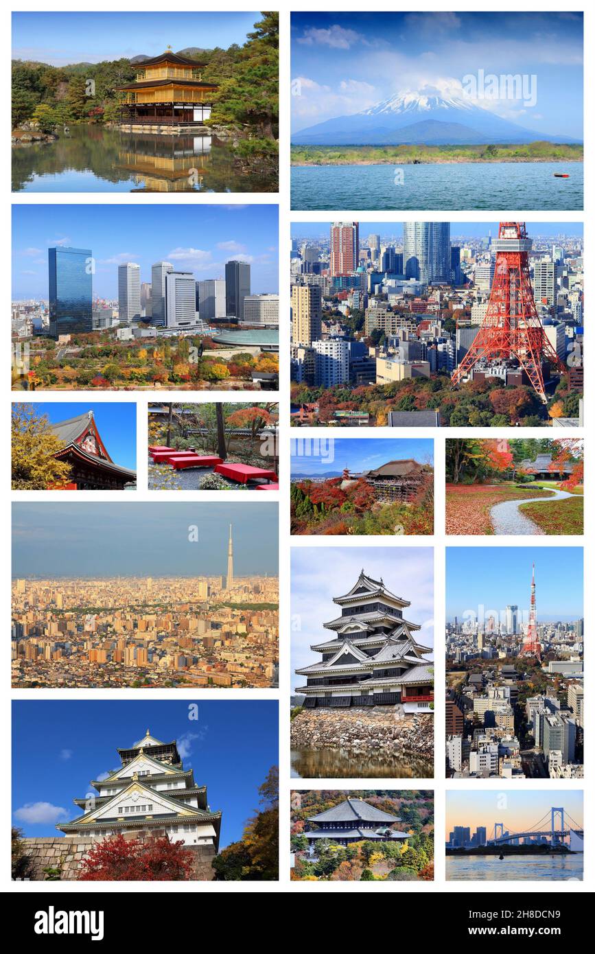 Japan landmarks collage - postcard collection with Tokyo, Kyoto, Osaka ...