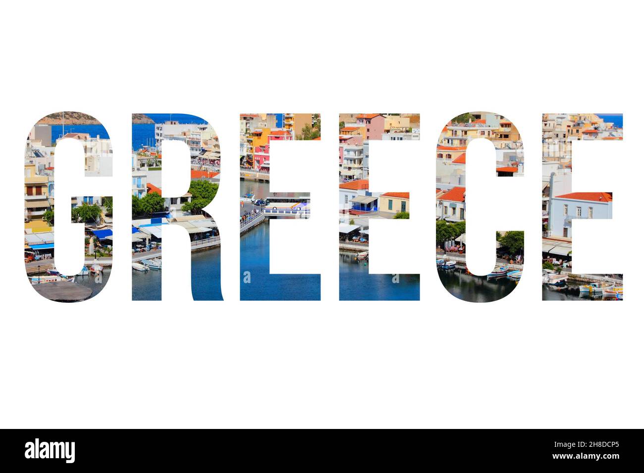 Greece sign - country name with background travel postcard photo Stock ...