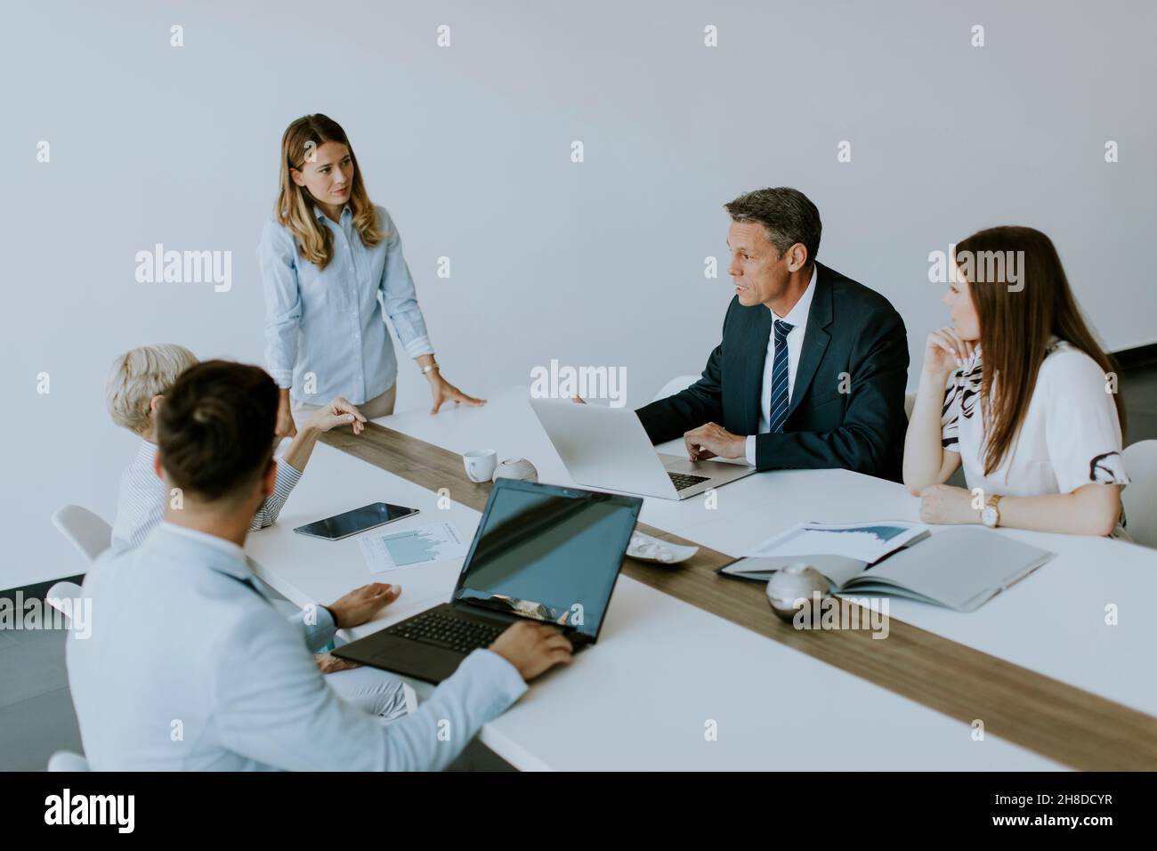 Young business partner explaining project details on a meeting in the ...