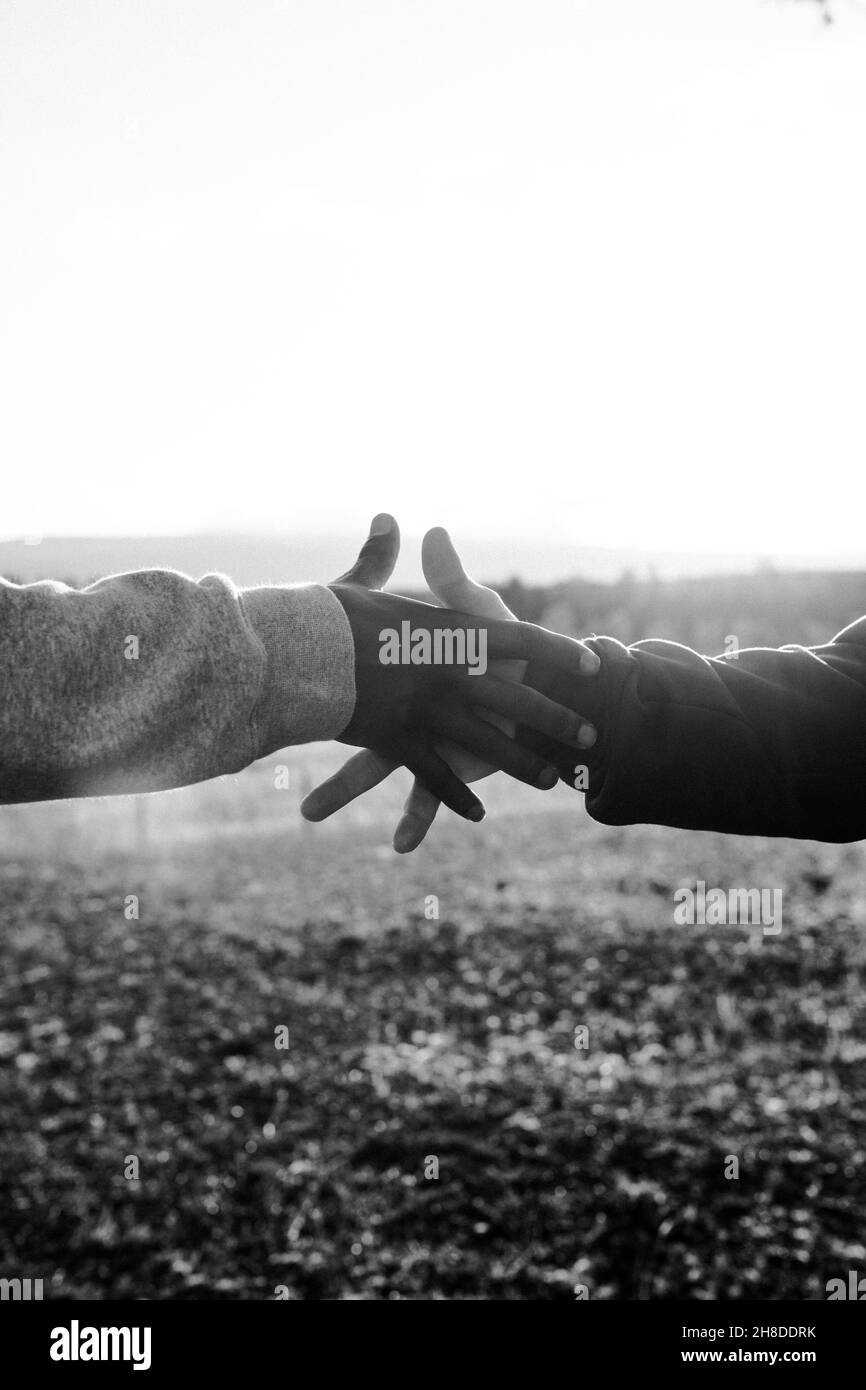 Grayscale shot of the hands of two men greeting each other Stock Photo ...