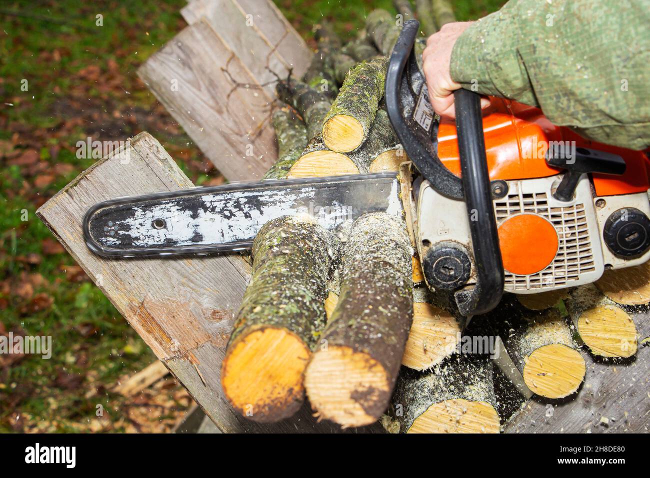 Close-up professional chainsaw blade cutting log of wood Stock Photo ...