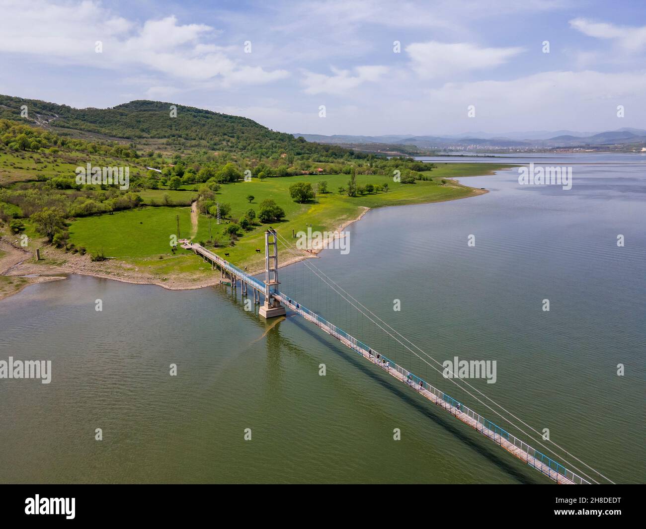 Aerial view of pedestrian bridge for the village of Lisitsite over ...