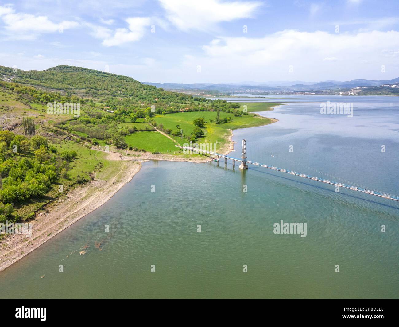 Aerial view of pedestrian bridge for the village of Lisitsite over ...