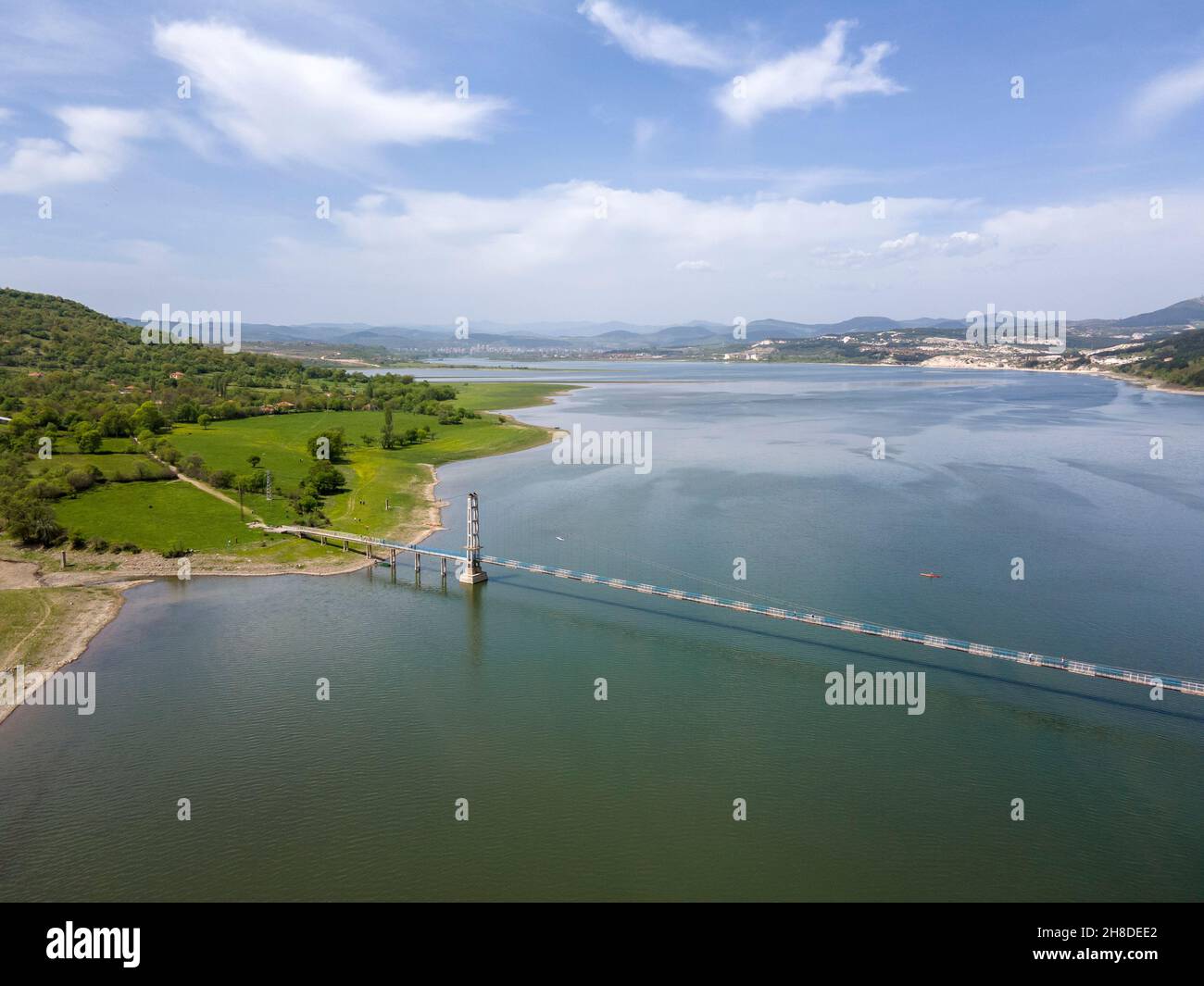 Aerial view of pedestrian bridge for the village of Lisitsite over ...