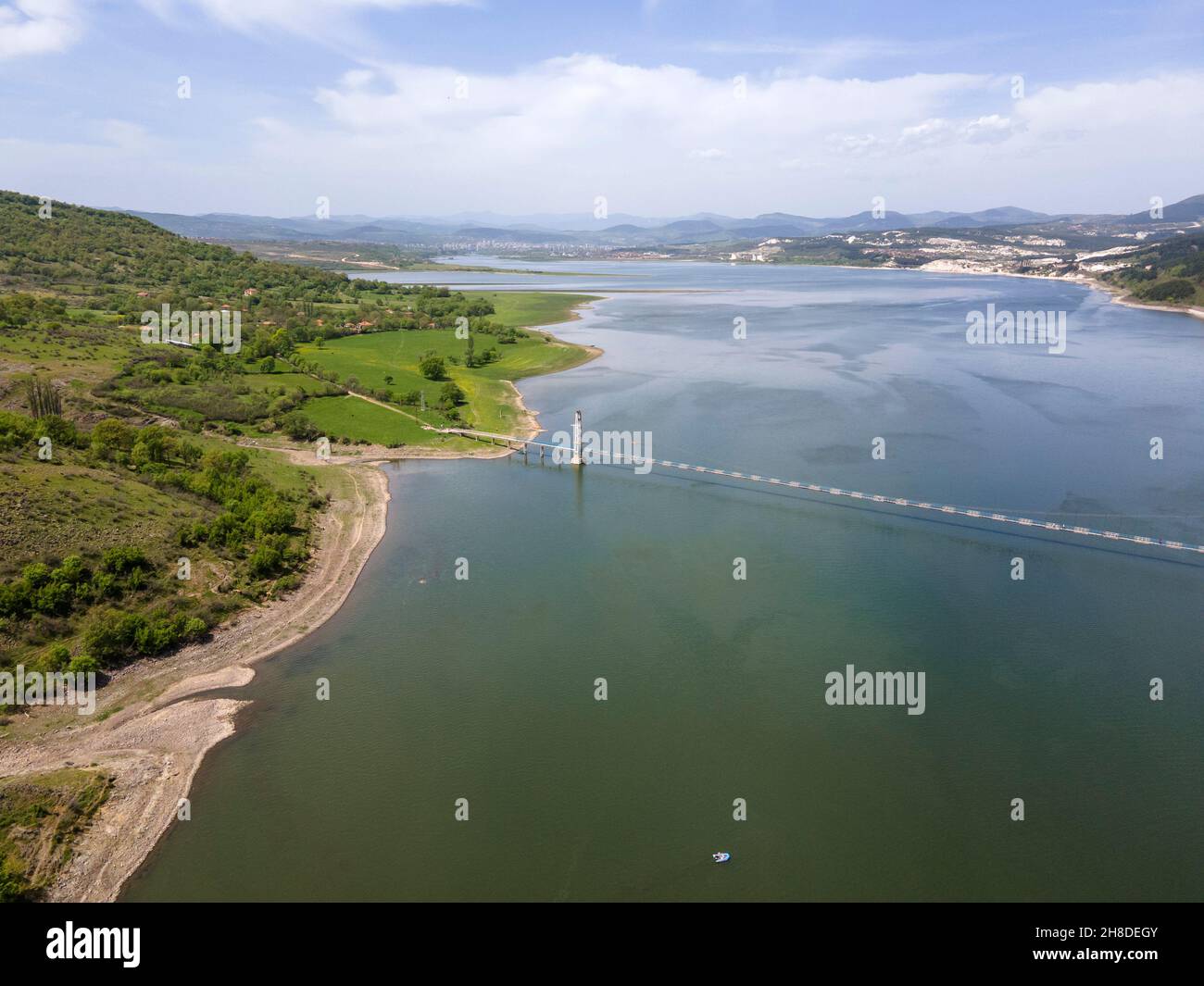 Aerial view of pedestrian bridge for the village of Lisitsite over ...