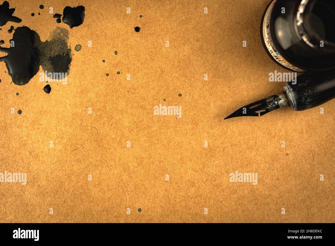 Vintage letter. Old and grunge paper texture with ink pen and ink well ...