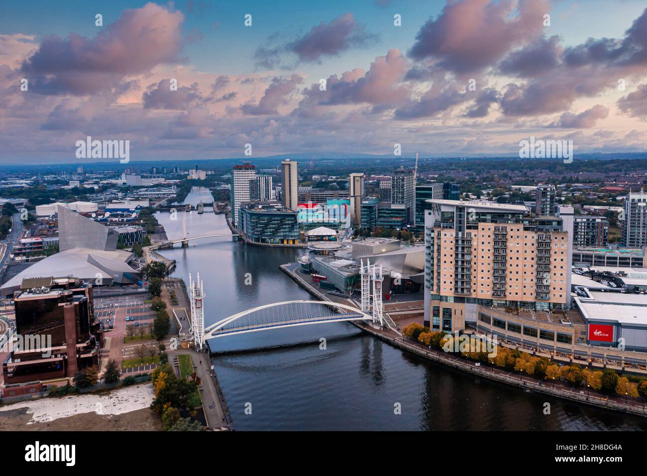 Aerial view of the Media City UK is on the banks of the Manchester at ...