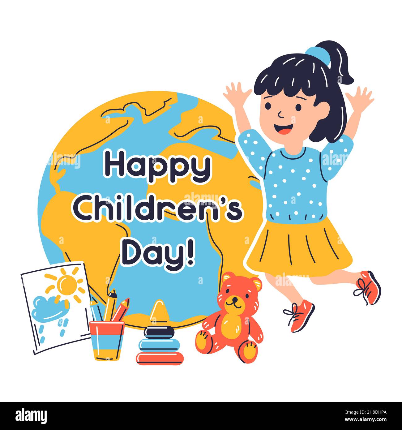 Happy children day greeting card. Illustration of jumping smiling girl ...
