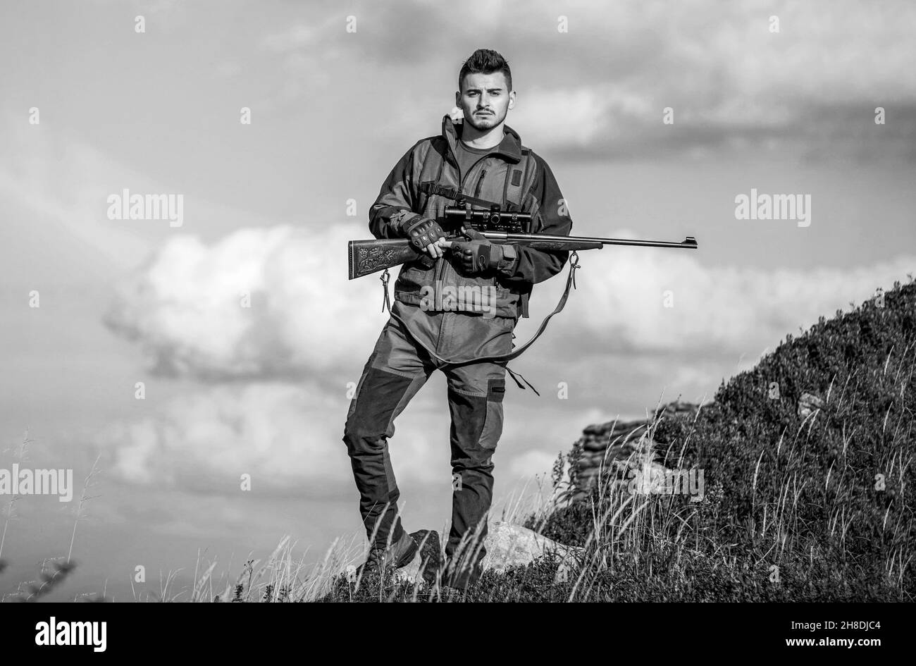 The man is on the hunt. Hunt hunting rifle. Hunter with hunting gun and ...