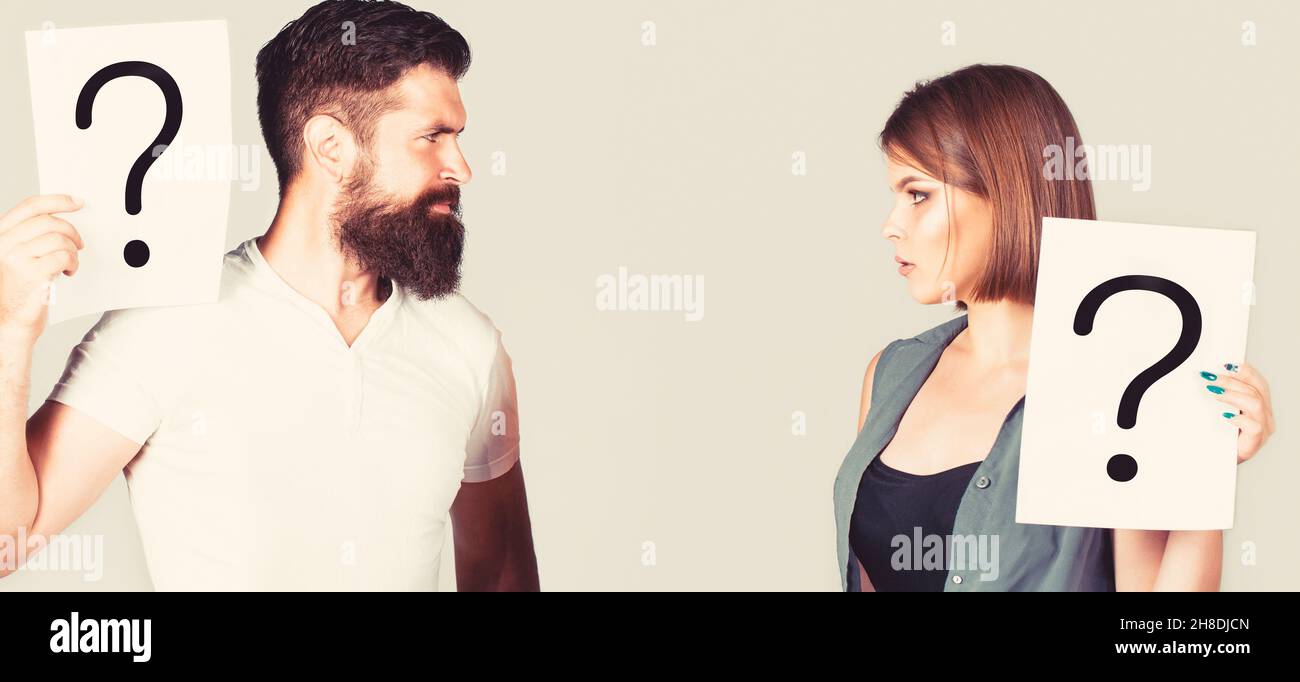 Confused couples with question marks. Conflict between two people ...