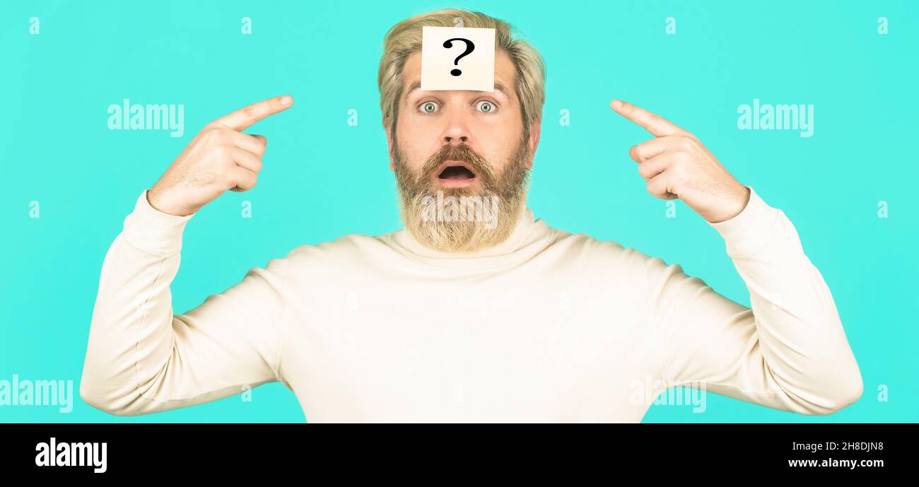 Beard man question mark in head, solution problems. Thinking man with ...