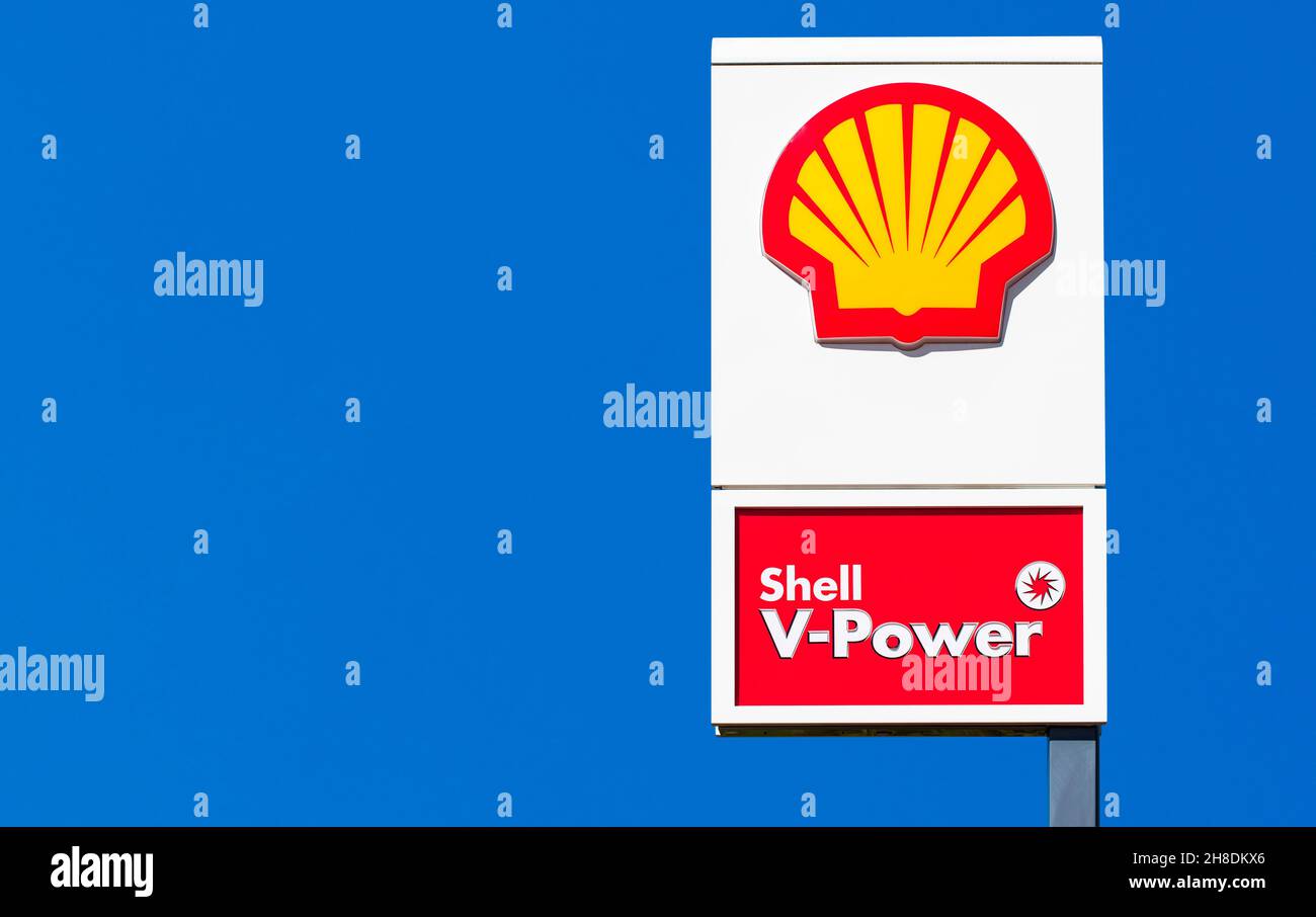 SANTA CATARINA, BRAZIL - Oct 30, 2021: A Shell V-power signboard at the ...