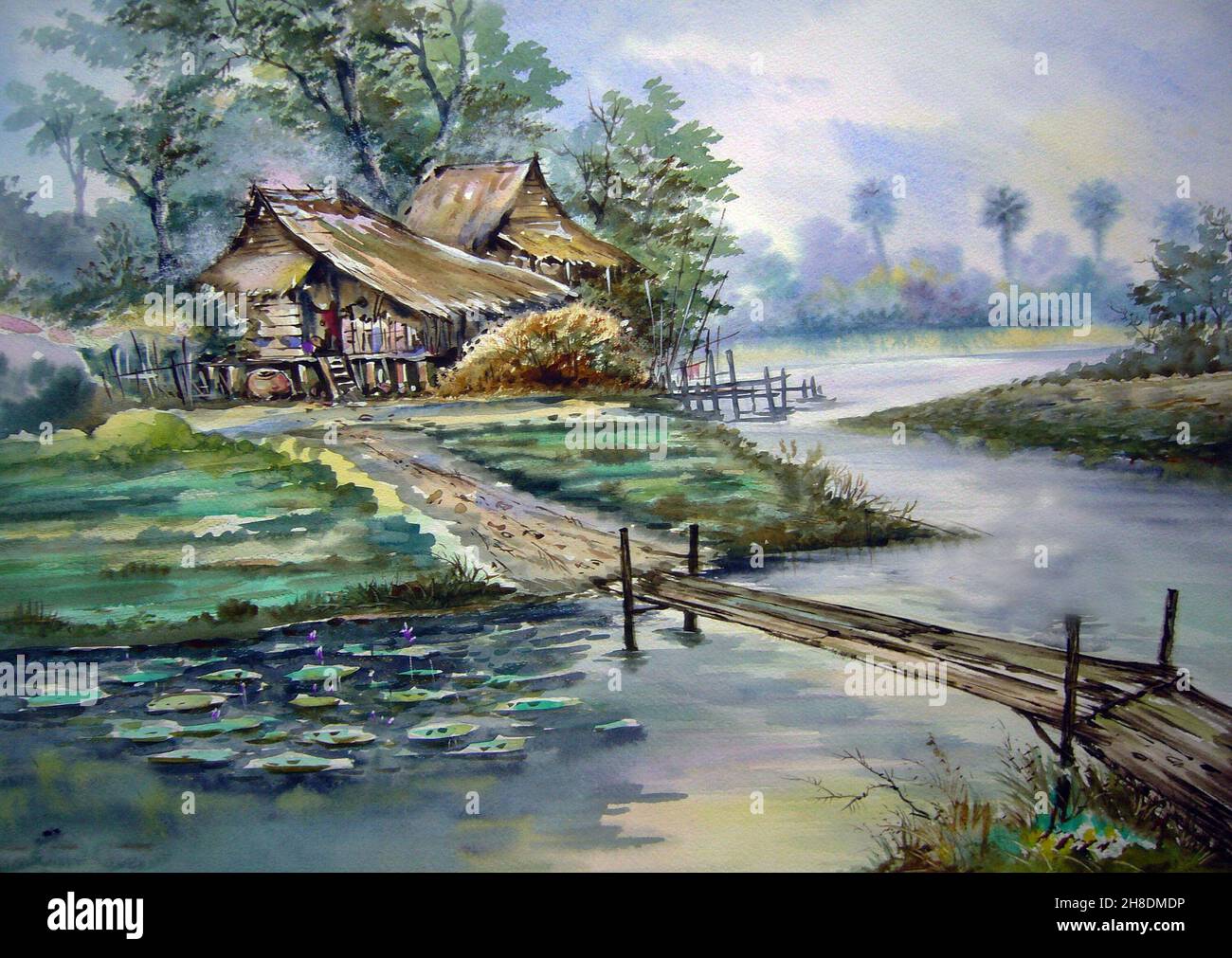 Art ,painting , watercolor, Hut northeast ,Thailand, Countryside Stock ...
