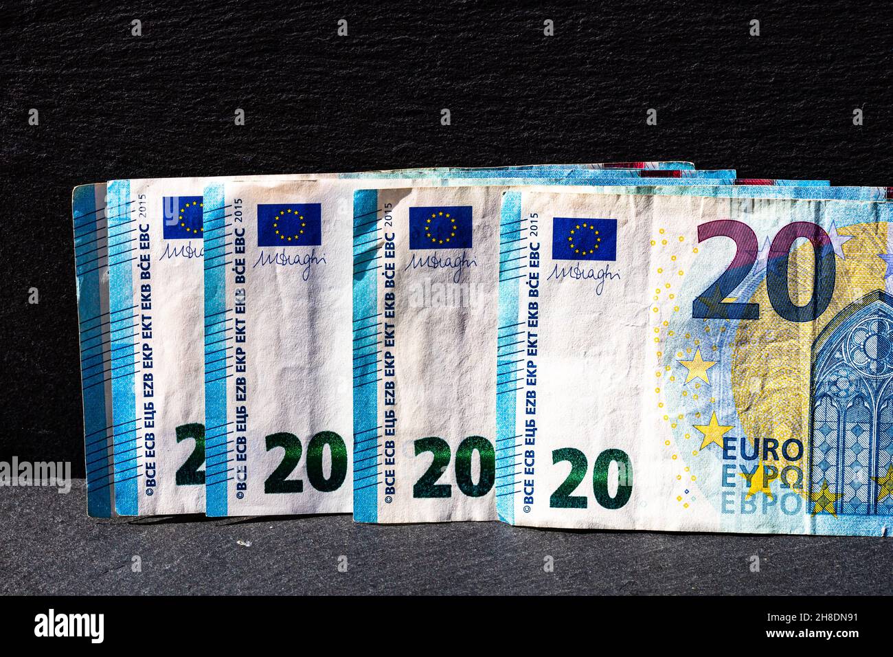 Selective focus on detail of euro banknotes. Close up macro detail of ...