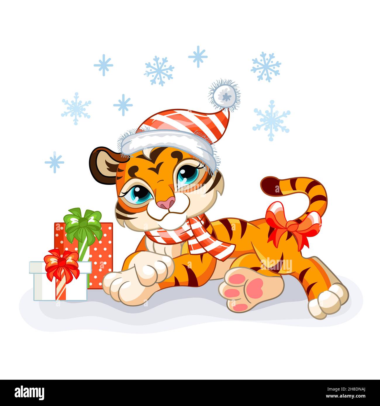 Cute lying tiger in a Christmas hat with gifts and snowflakes. Cartoon ...