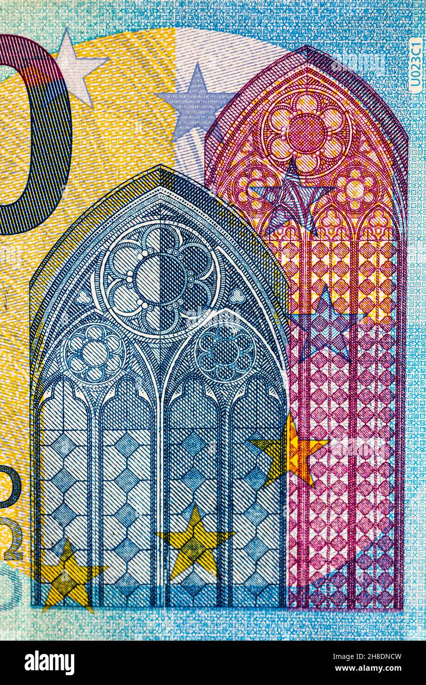 Selective focus on detail of euro banknotes. Close up macro detail of ...