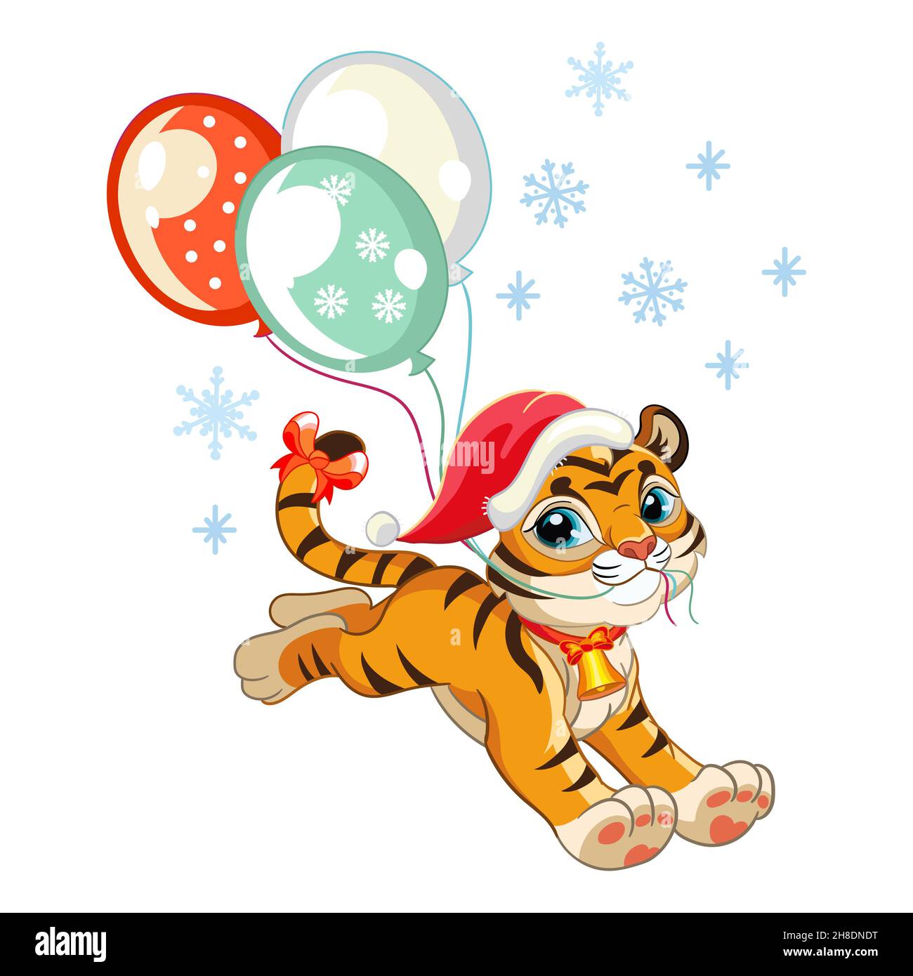 Cute tiger in a Christmas hat runs with balloons. Cartoon tiger ...