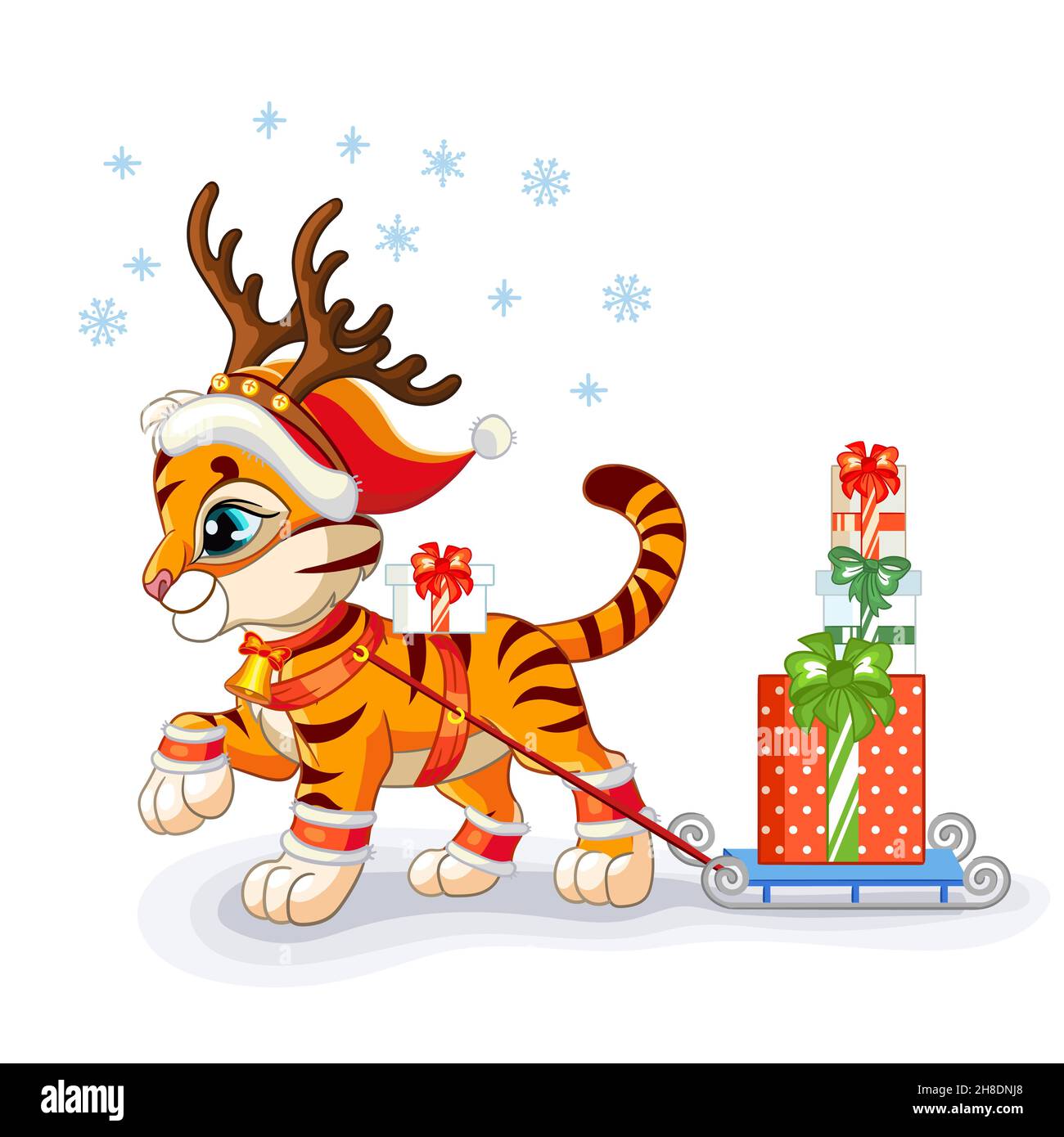 Cute tiger in a Christmas hat carries gifts on a sleigh. Cartoon tiger ...