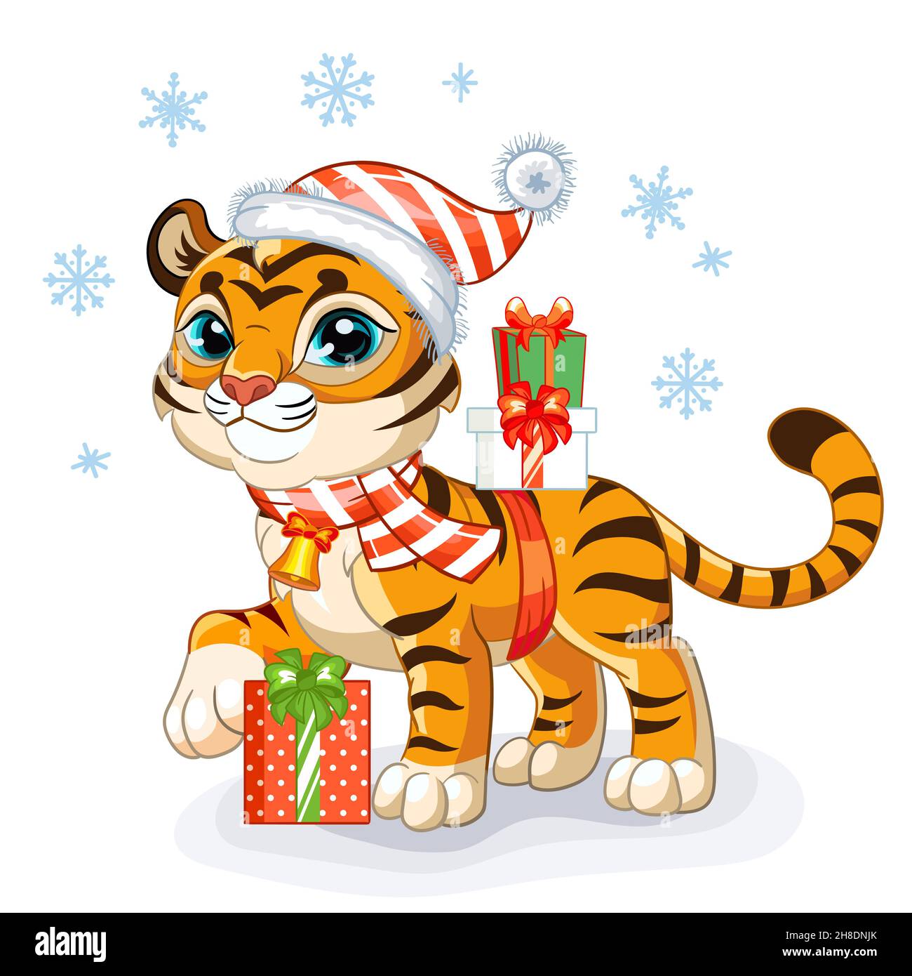 Cute tiger cub in a Christmas hat with gifts and snowflakes. Cartoon ...