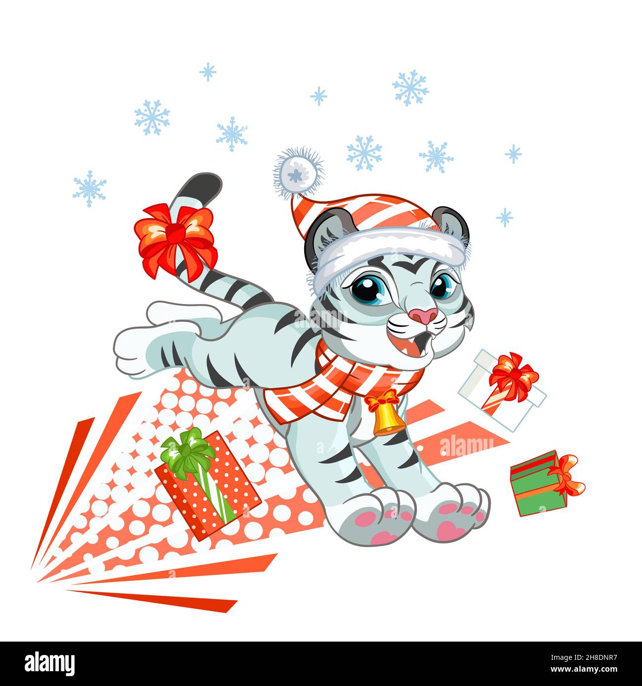 Cute tiger in a Christmas hat runs with gifts. Cartoon tiger character ...