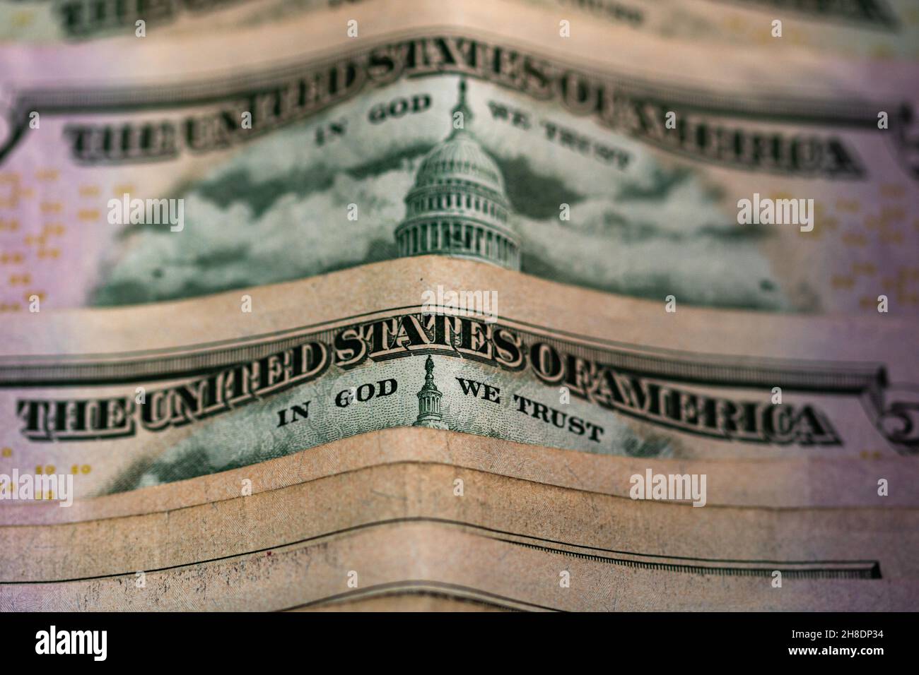 Selective focus on detail of dollars banknotes. Close up macro detail ...
