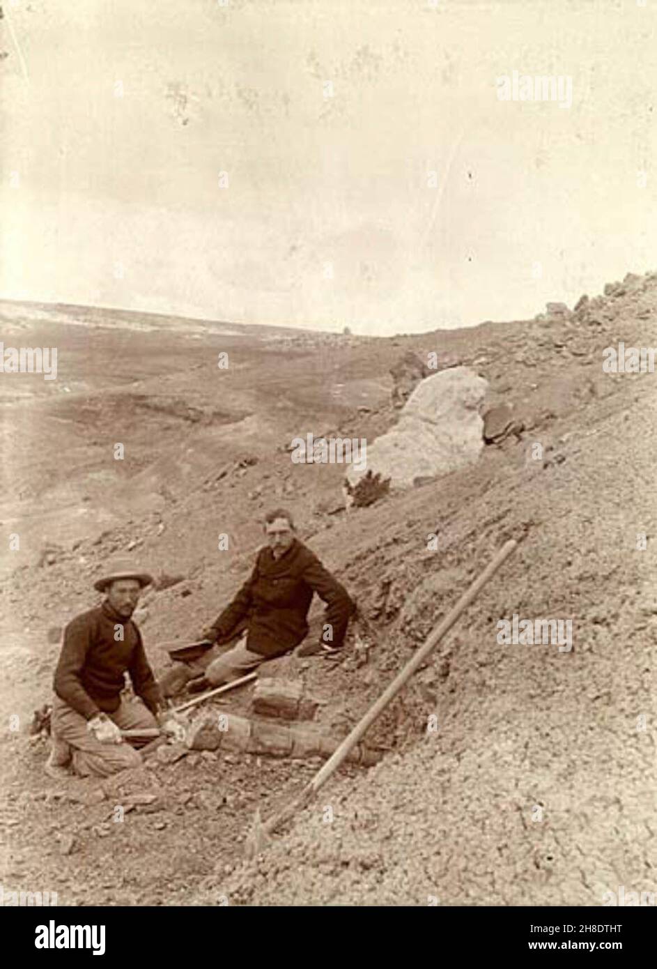 Brown (left) with Henry Fairfield Osborn and the leg bone of Diplodocus ...