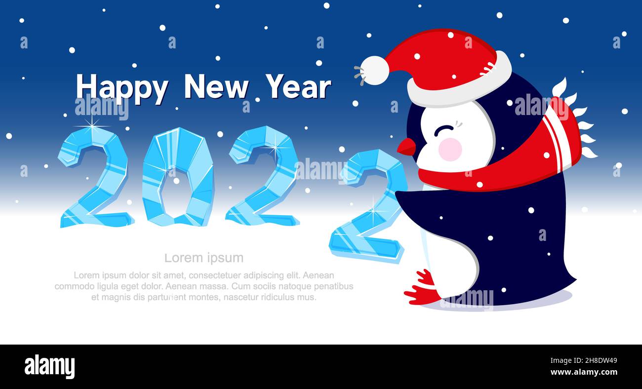 Cartoon penguin builds number 2022 from pieces of ice. Banner concept ...