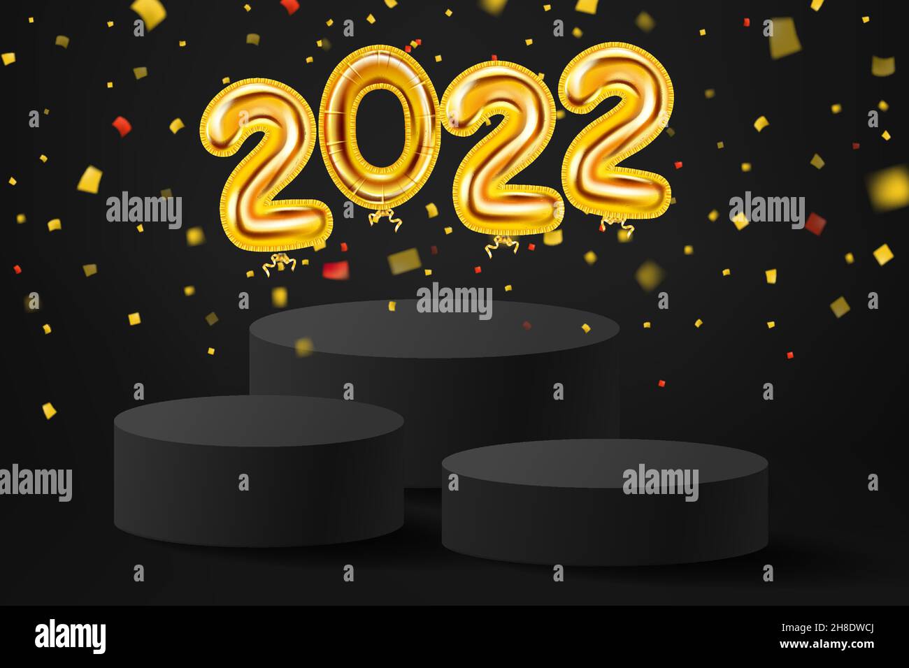 2022 Gold foil balloons numbers, black stage, podium. 3D realistic ...