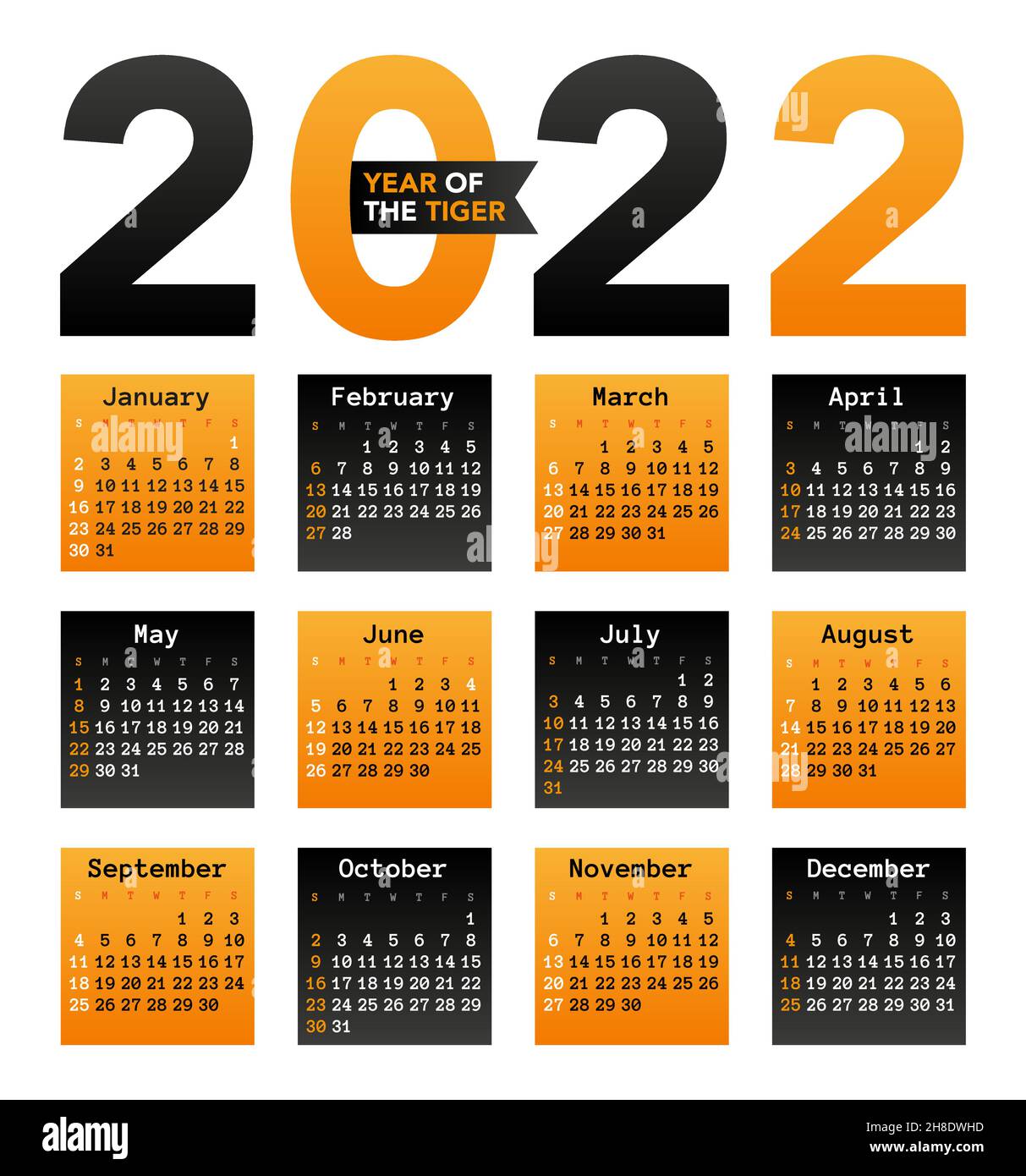 Calendar for 2022. Year of the tiger. Shades of black and orange Stock ...