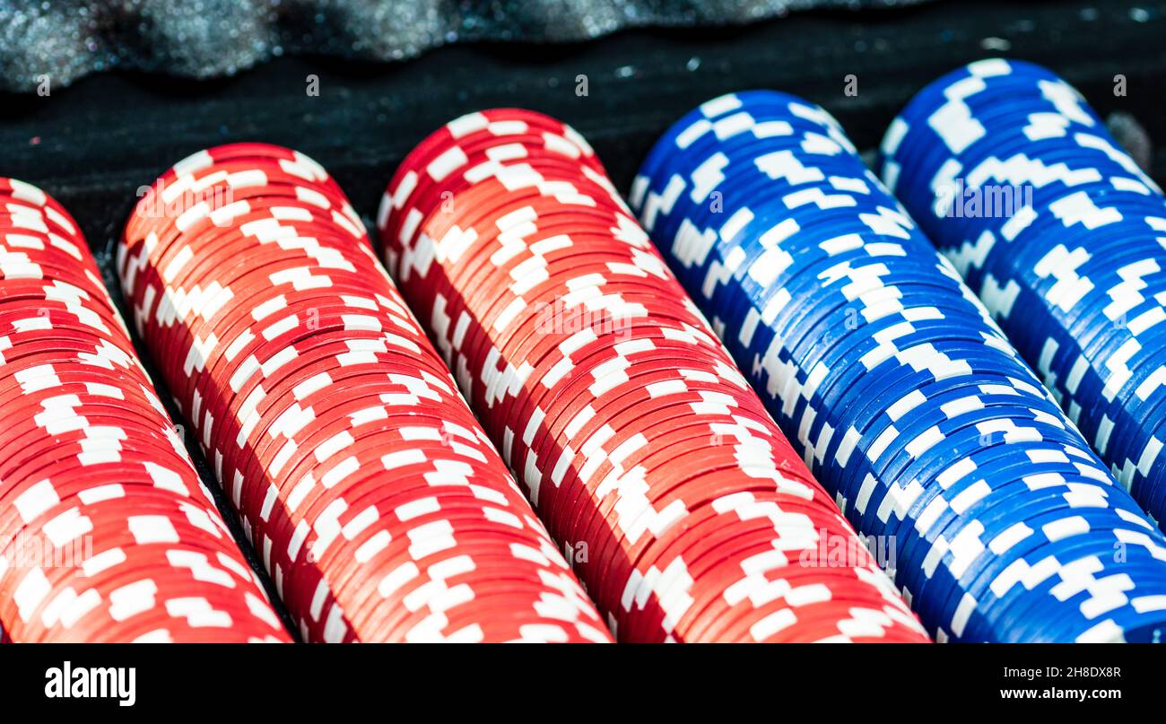 Stacks of red and blue poker chips Stock Photo - Alamy