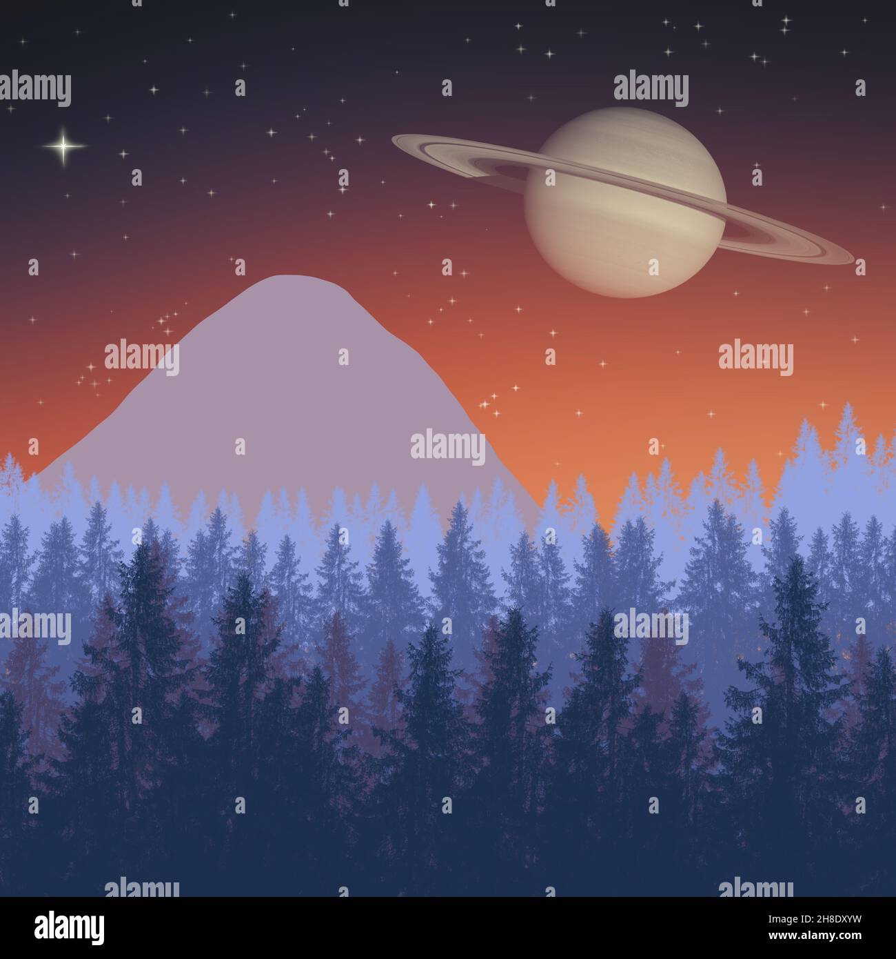 Silhouette of Saturn hills and trees Stock Photo - Alamy