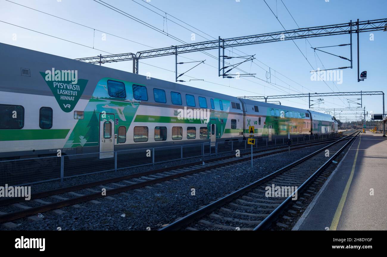 Double-decker long-distance passenger train at Pieksämäki railway ...