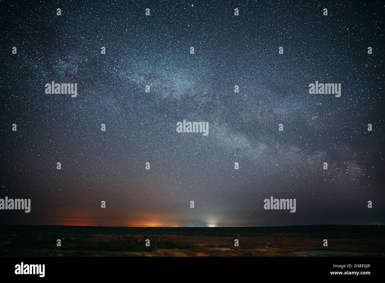 Night Starry Sky With Glowing Stars Above Forest Landscape. Dark Night ...