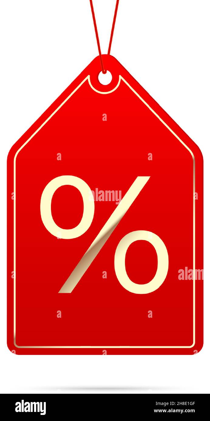 Red sale tag with a golden percentage sign, isolated on background ...
