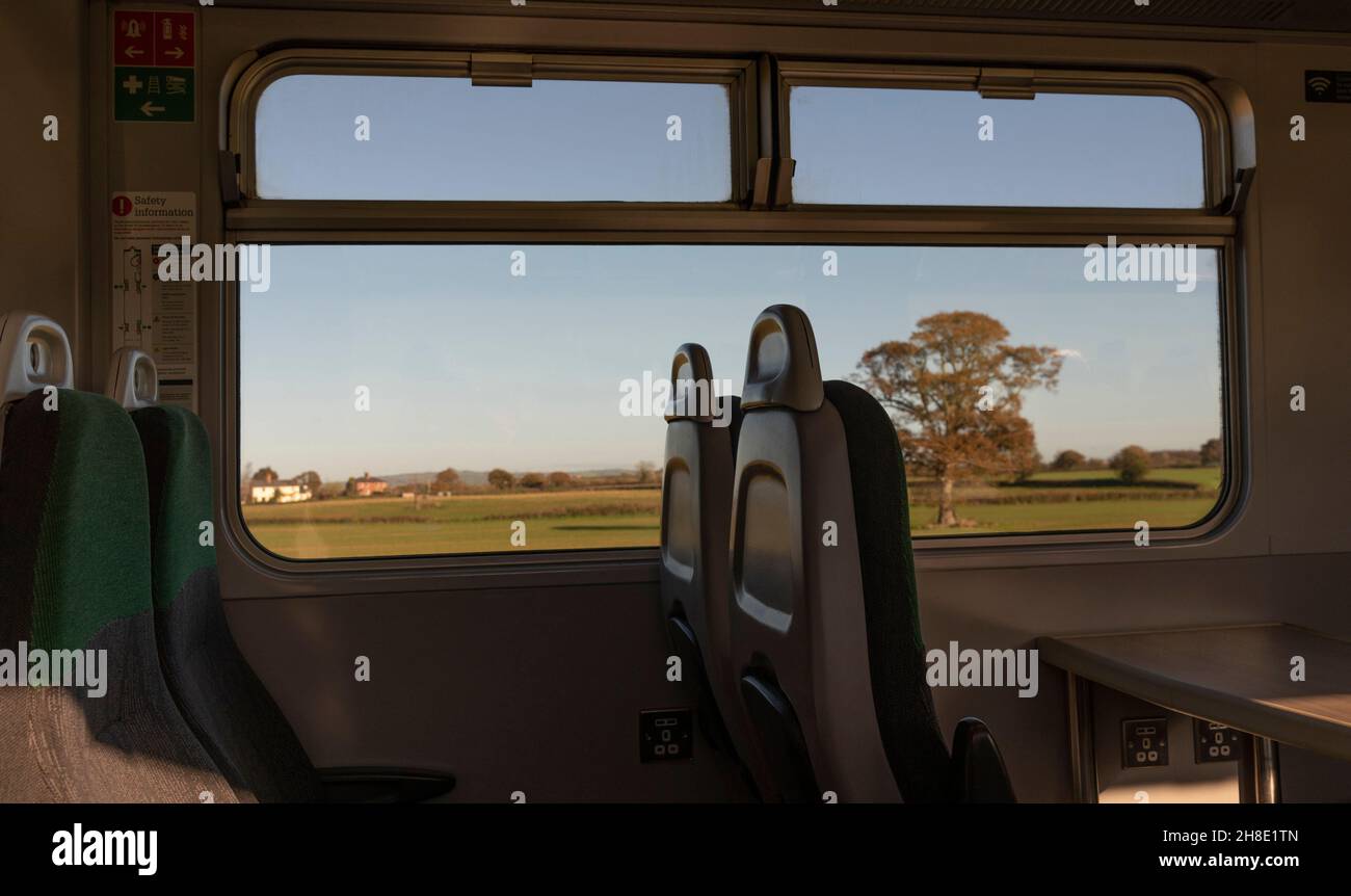 Devon, England, UK. 2021. Passenger train seating with a view as the ...