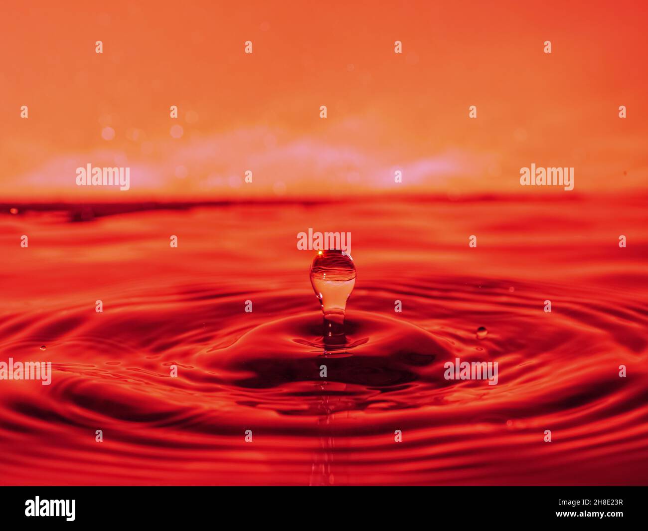 A red drop drips into the water and creates splashes of different ...