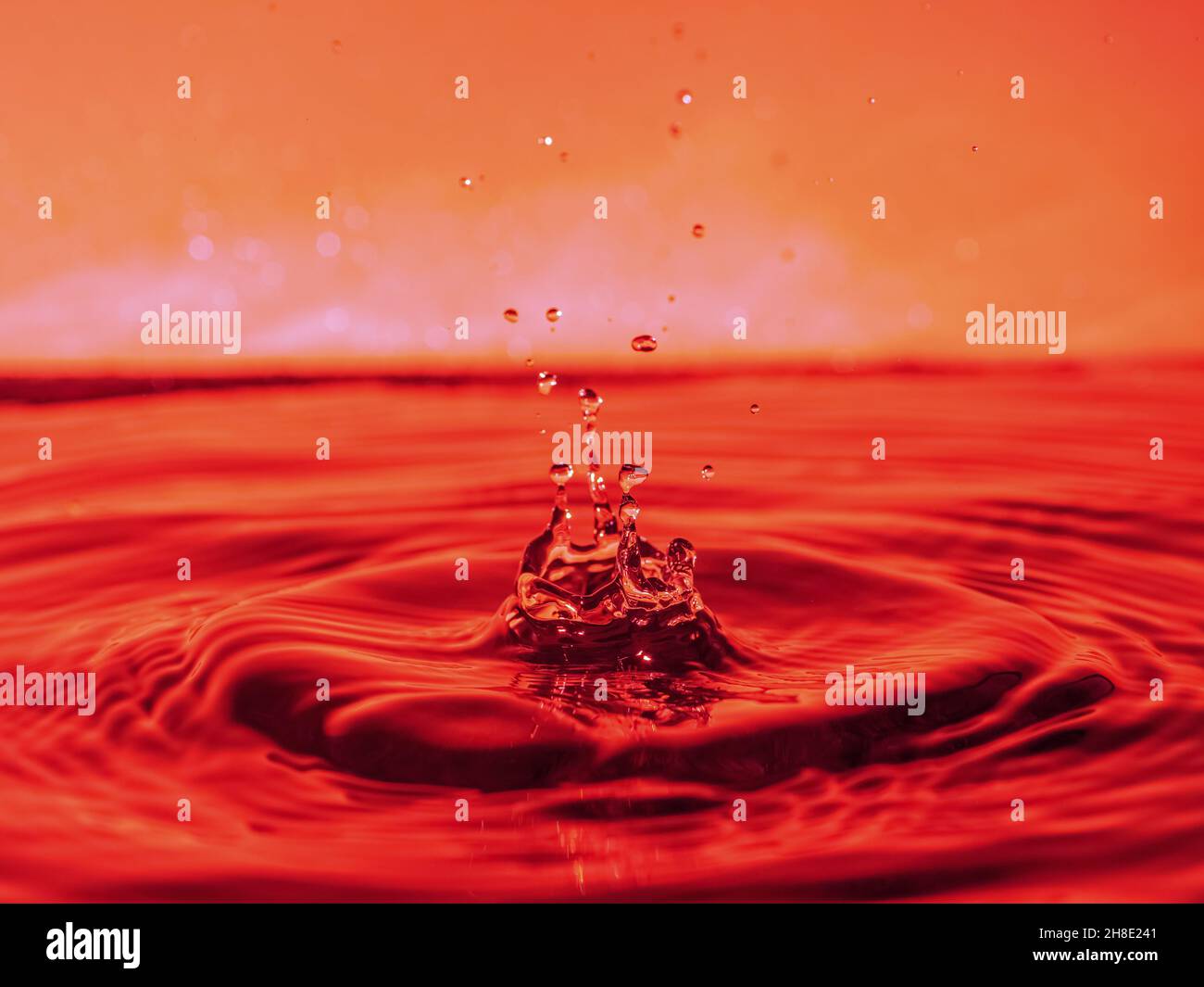 A red drop drips into the water and creates splashes of different ...