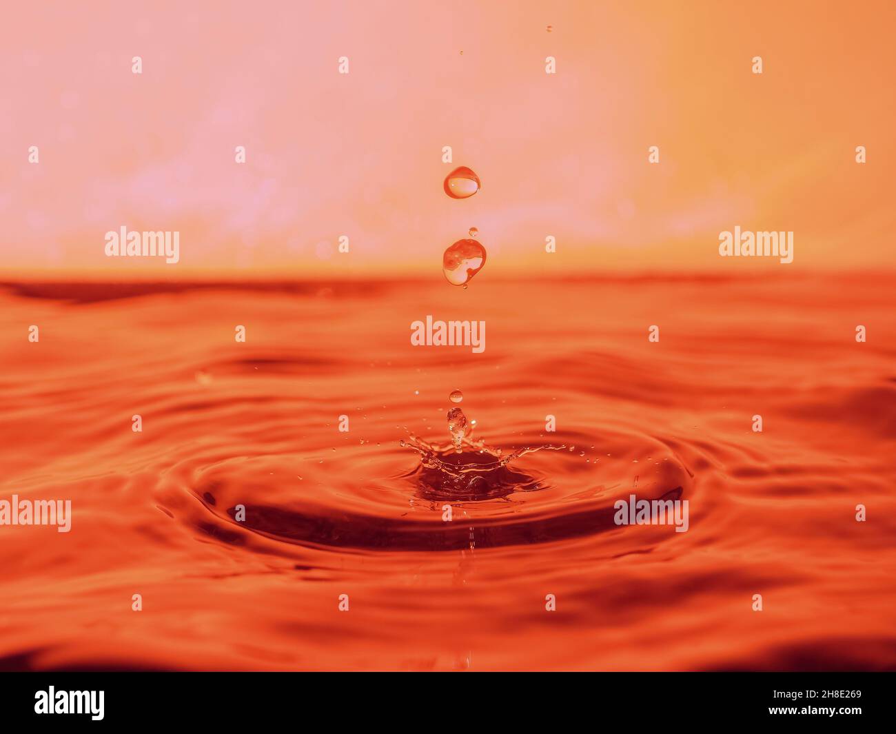 A red drop drips into the water and creates splashes of different ...