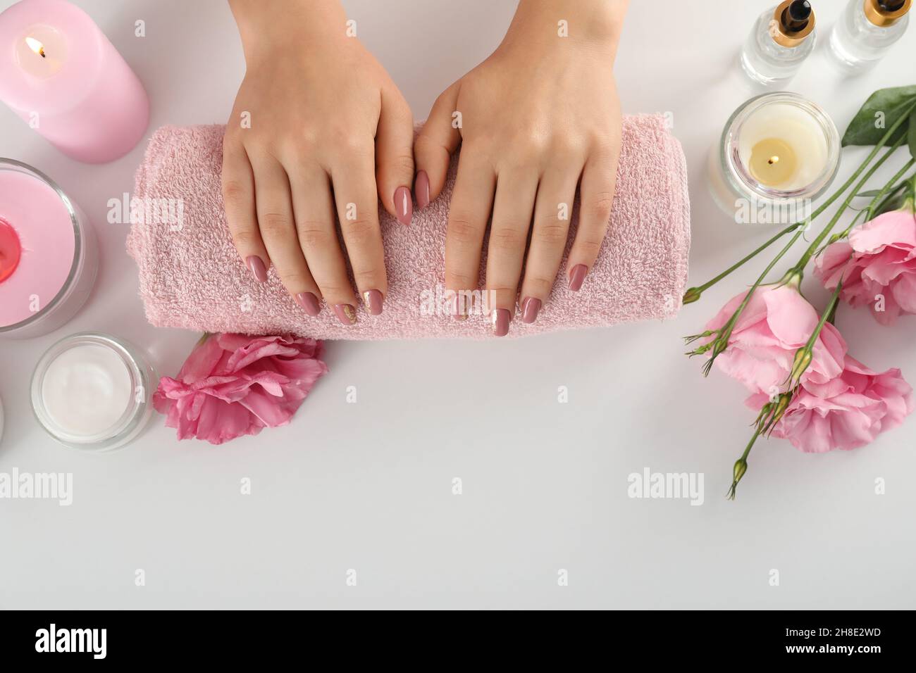 Concept of hand care with cosmetics on white background Stock Photo - Alamy