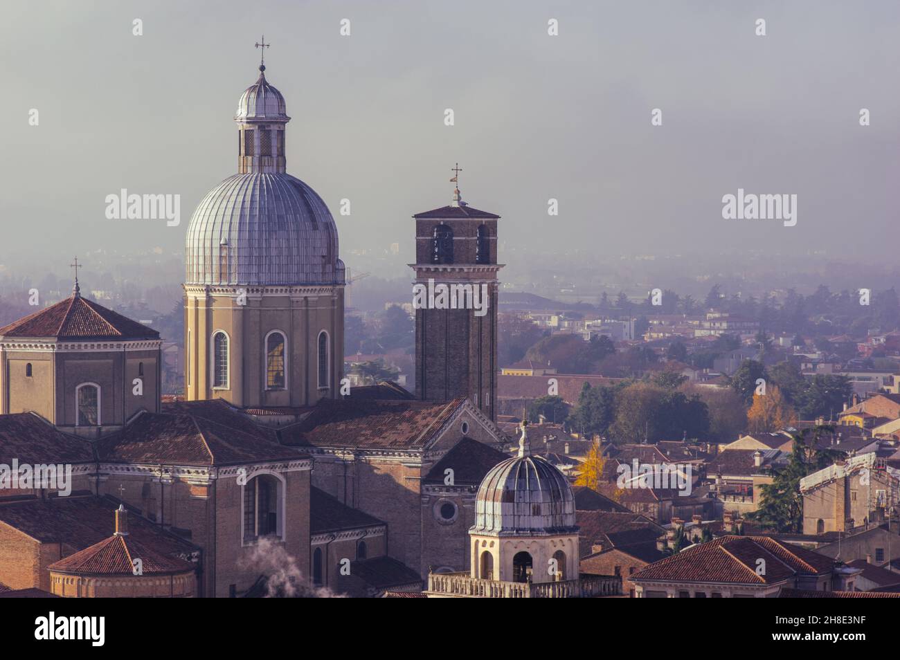 Padova city from above, aerial view towards the cathedral, tower and ...