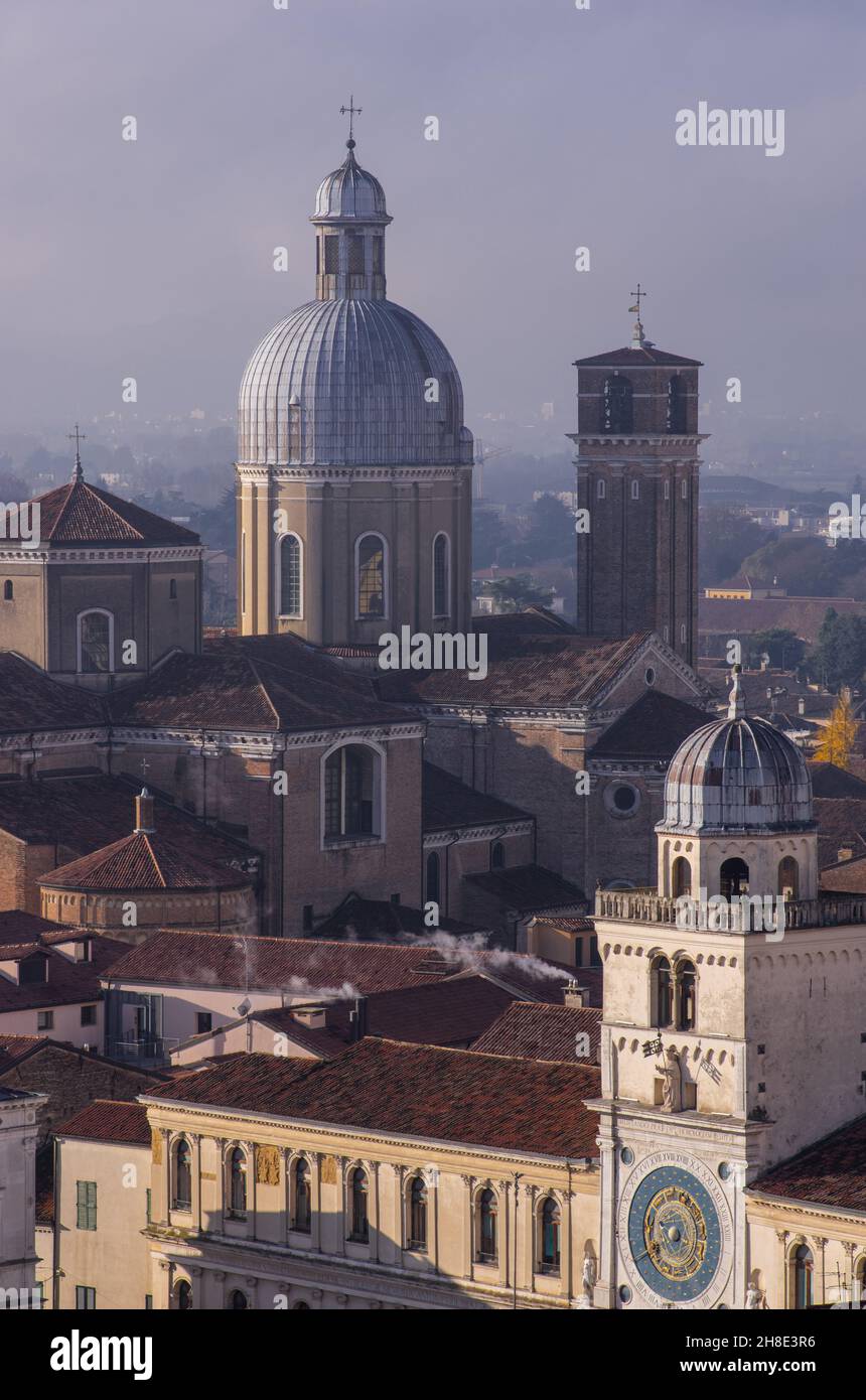 Padova city from above, aerial view towards the cathedral, tower and ...