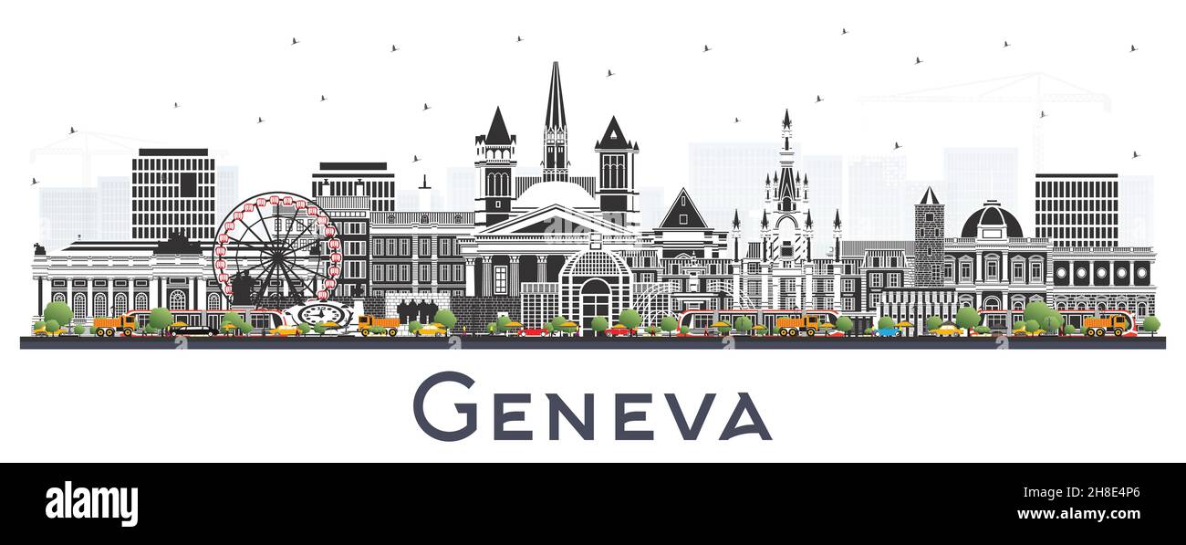 Geneva Switzerland City Skyline with Color Buildings Isolated on White ...