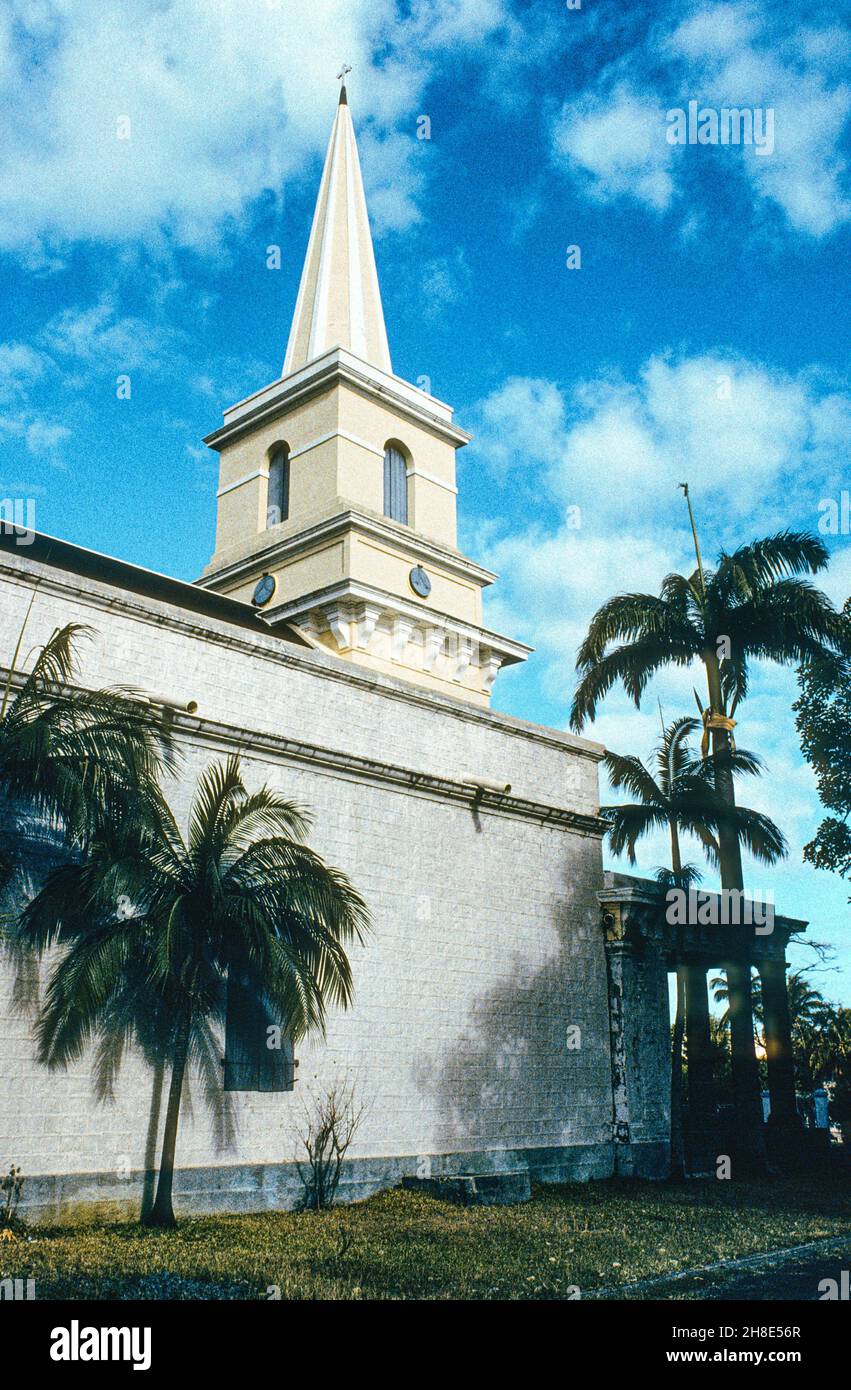 The historic St. James Cathedral in Port Louis with its octagonal spire ...