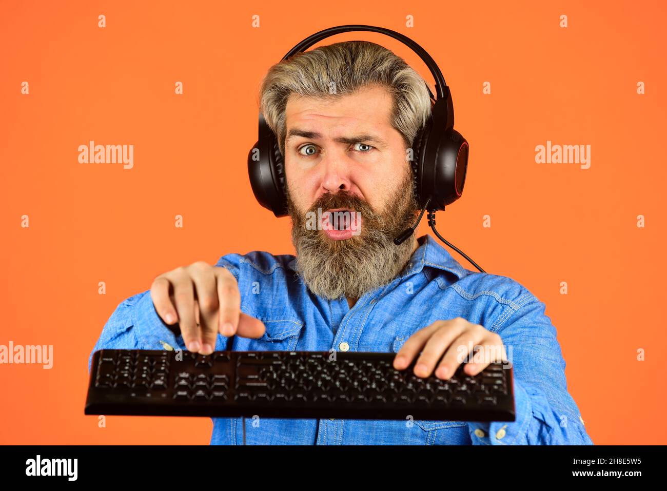 using PC in office. communication concept. support, call center and ...