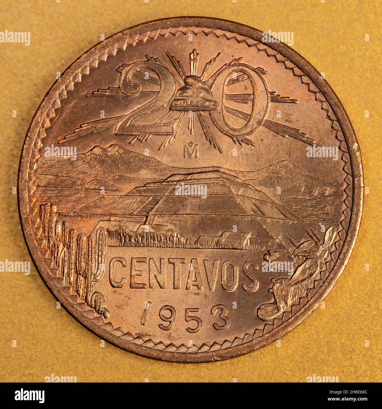 Antique 1953 Twenty Centavos Bronze Coin - Temple of Sun Stock Photo ...