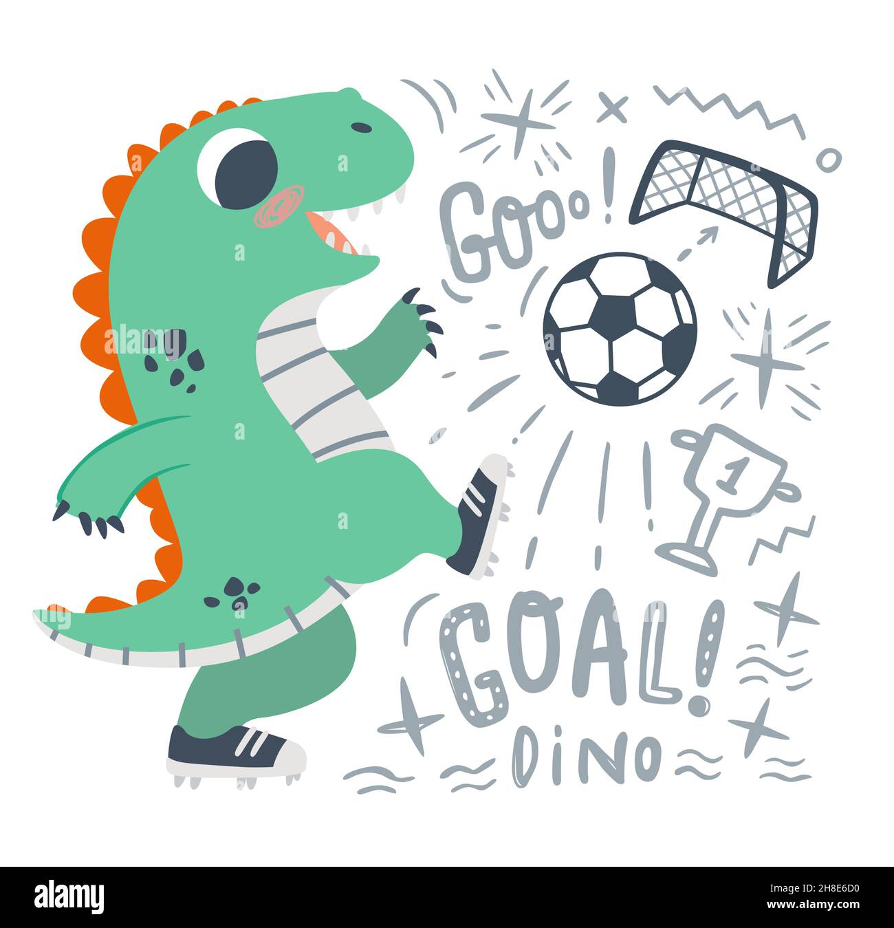 Cute little dinosaur Plays Soccer. Dino plays with ball on dark ...