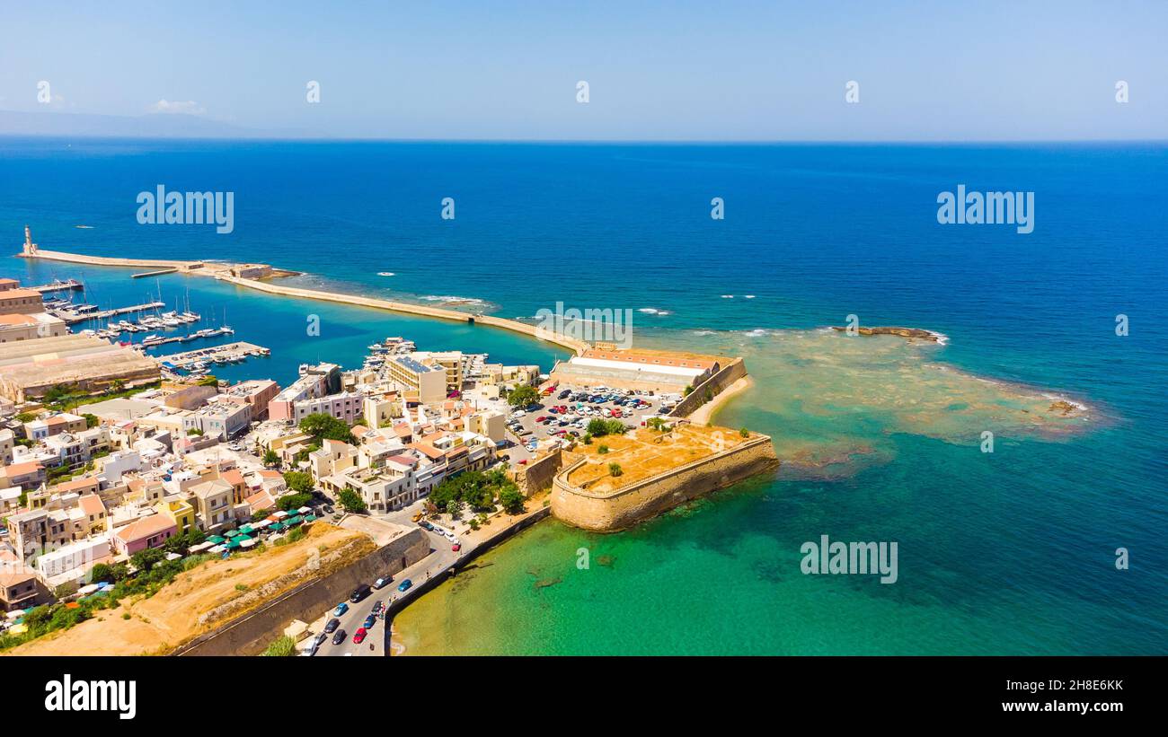 Panoramic aerial view from above of the city of Chania, Crete island ...