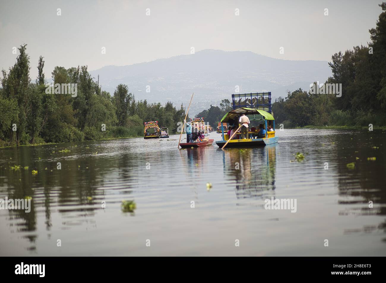 Gondola-like boats with people floating on the canal of Xochimilco in ...