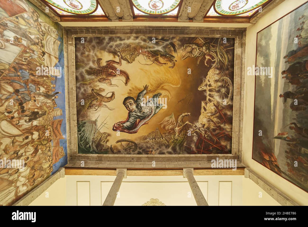 Low-angle shot of a mural of Ninos heroes on a ceiling of the ...