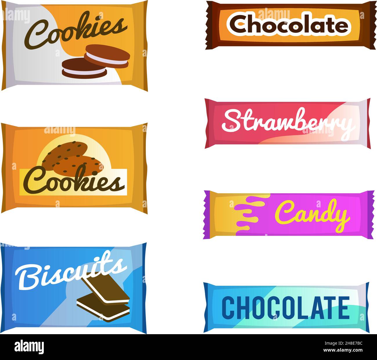 Vending products. Snack package. Fast food packs. Chocolate and biscuit ...